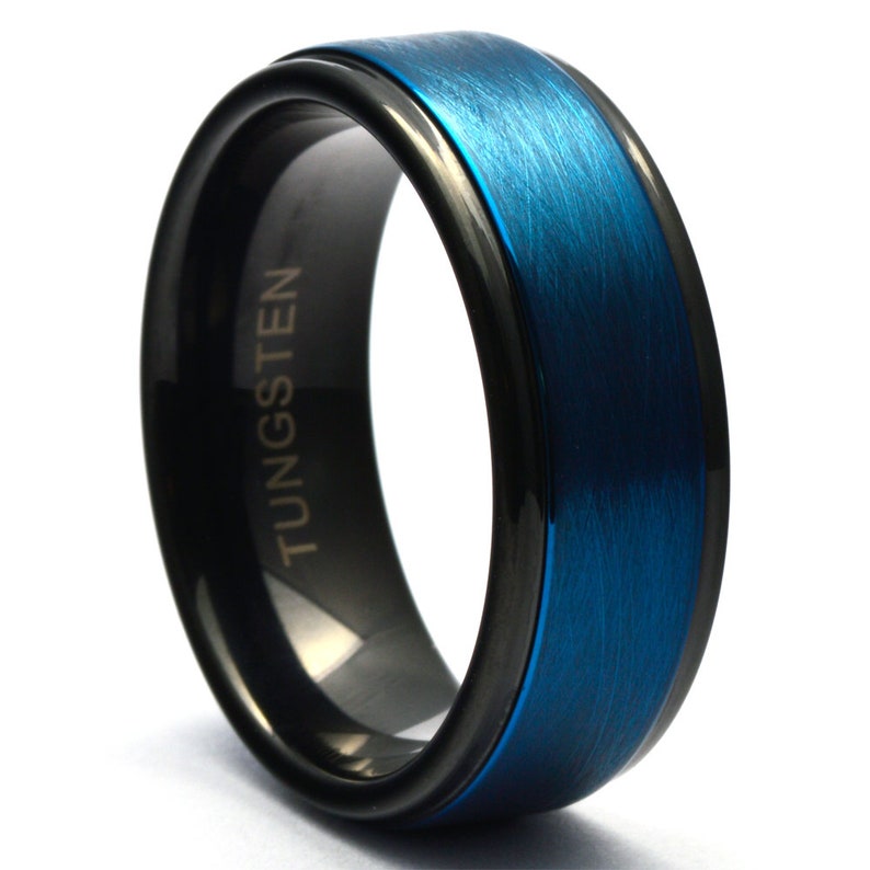 Blue Tungsten Wedding Band Black Tungsten Ring Men Mens | Etsy