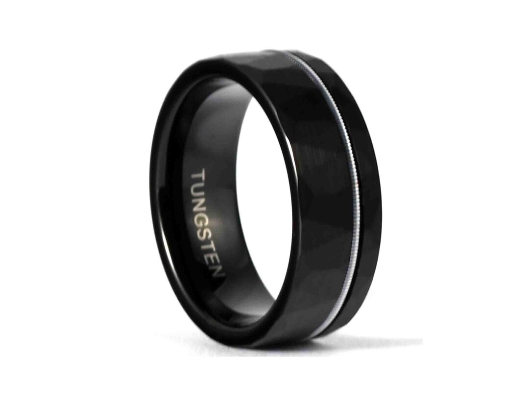 Black Tungsten Ring: Hammered Guitar String Band, Musician Jewelry - Etsy