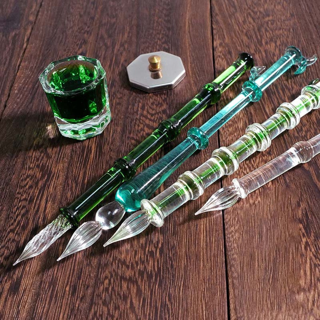 5 Style Bamboo Dip Glass Pen, Hold Ink Well, Green Transparent Glass ...