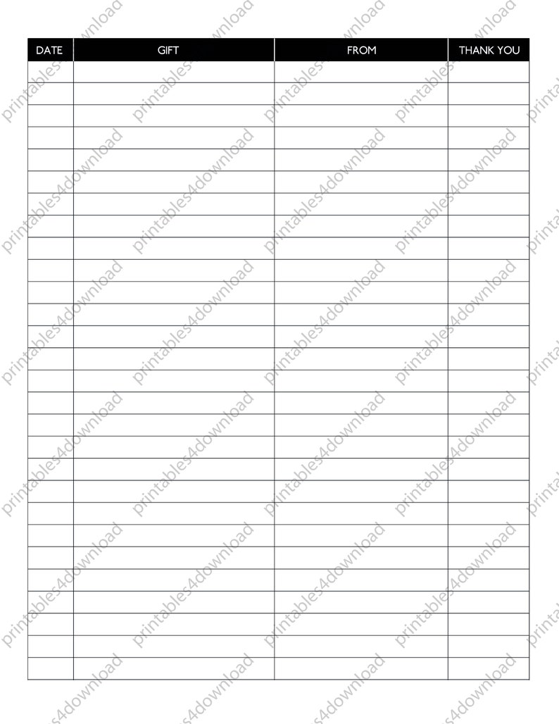 Gift Log Printable Sheet High Resolution JPG File 8.5 X 11 Instant ...