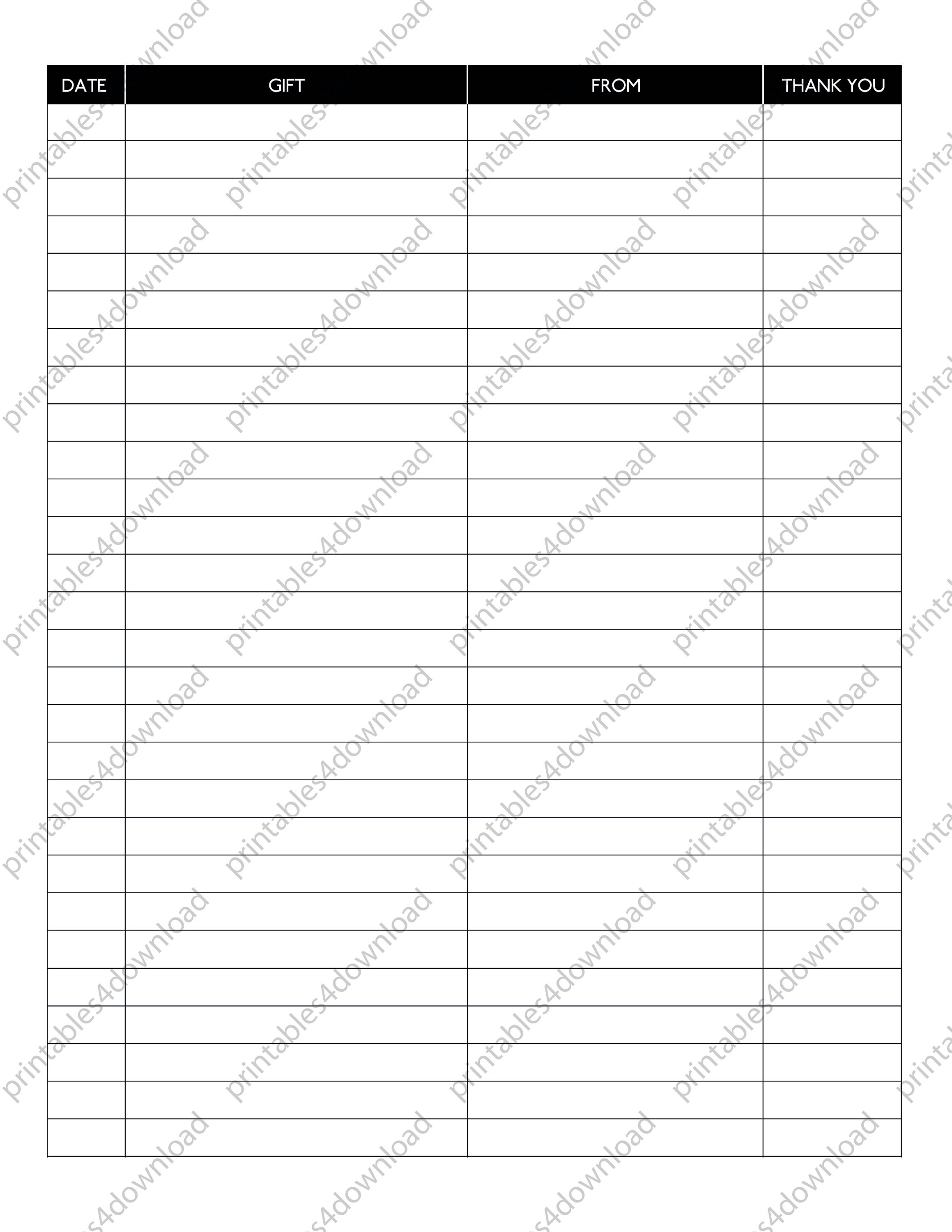Gift Log Printable Sheet High Resolution JPG File 8.5 X 11 Instant ...