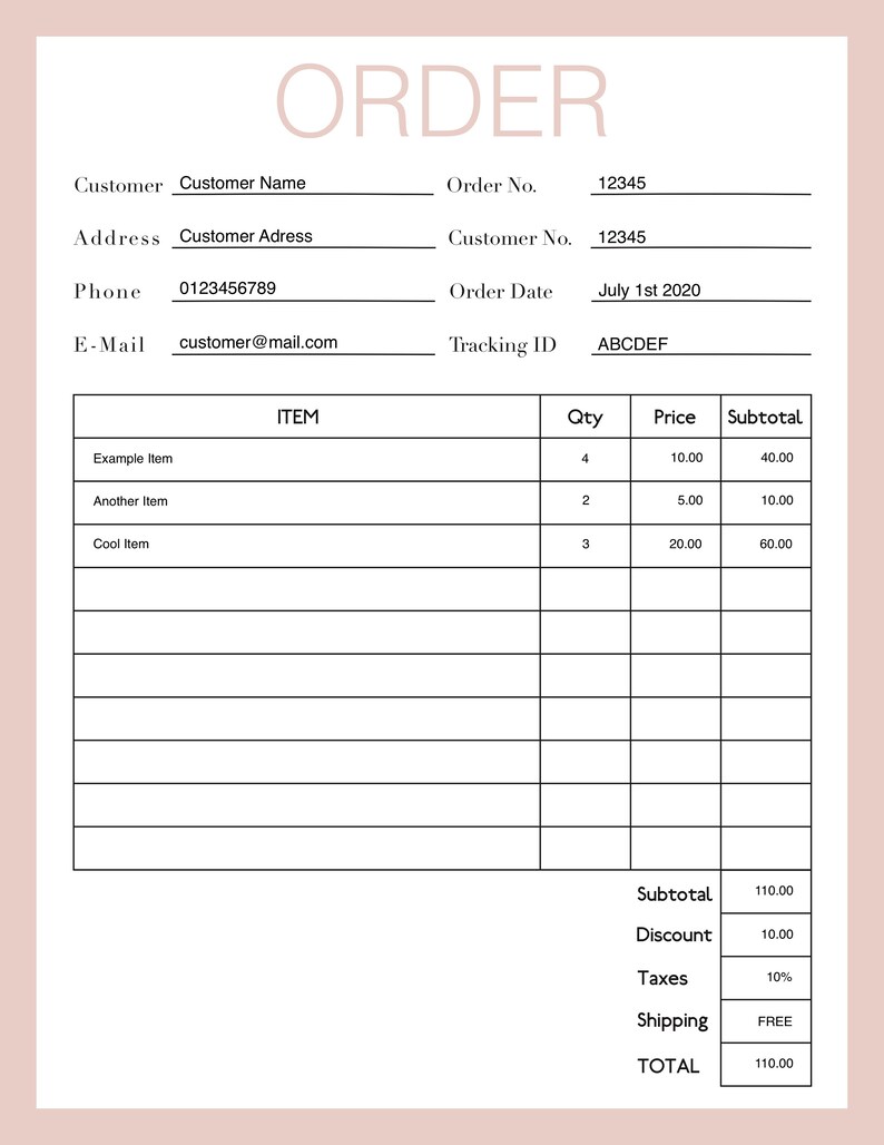 Editable Order Form Printable High Resolution PDF File 8.5 X 11 Instant ...