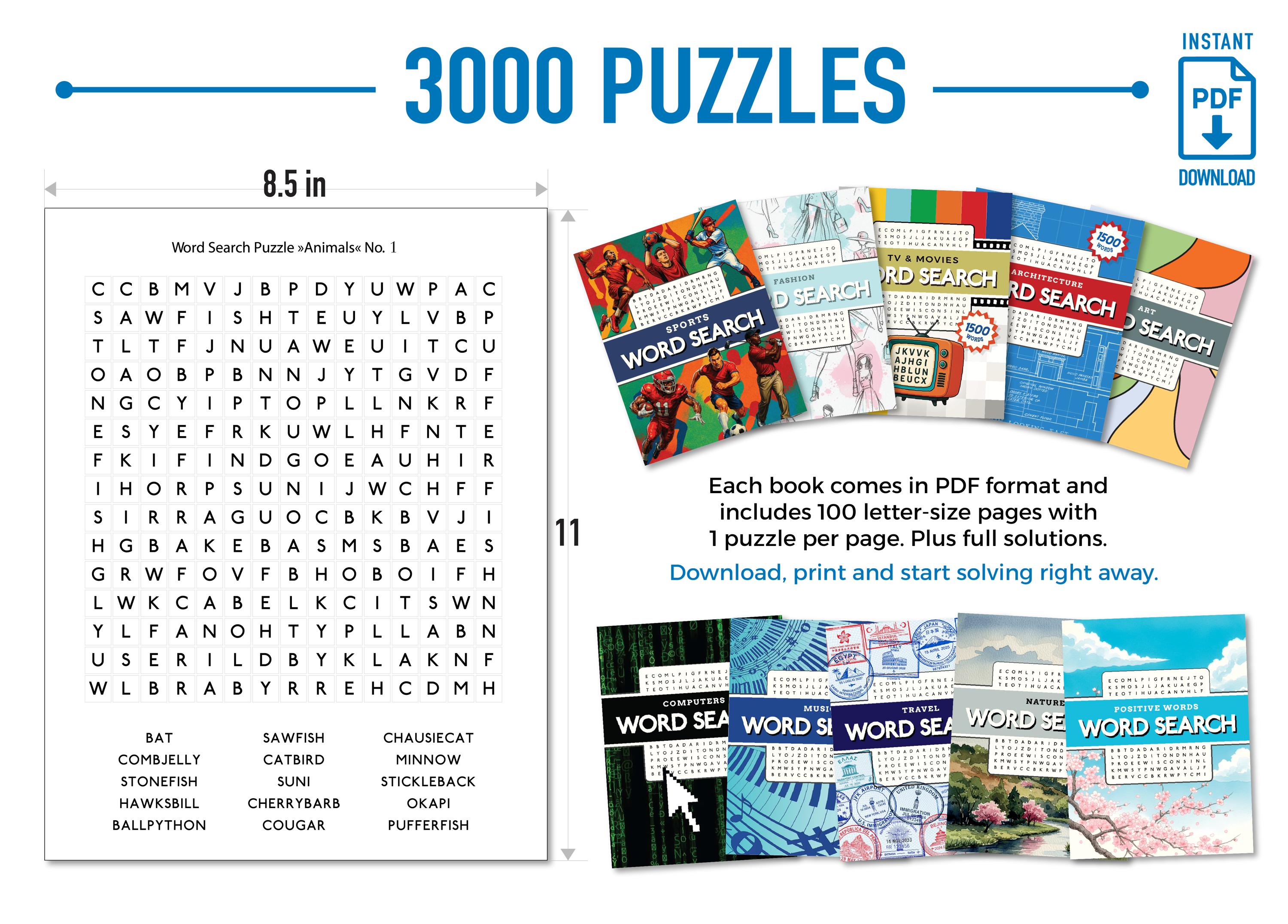 Word Search Bundle 3000 Printable Puzzles Incl. Solutions | PDF 8.5" X ...