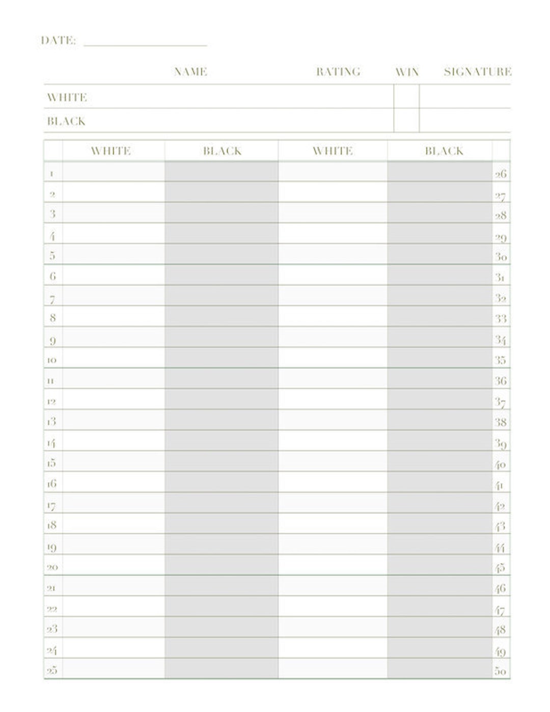 Chess Score Log Printable Sheet | High Resolution JPG File 8.5" X 11 ...