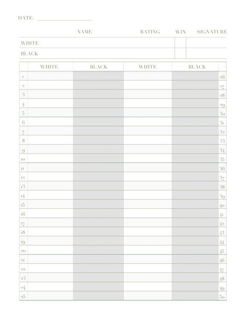 Chess Score Log Printable Sheet | High Resolution JPG File 8.5" X 11 ...