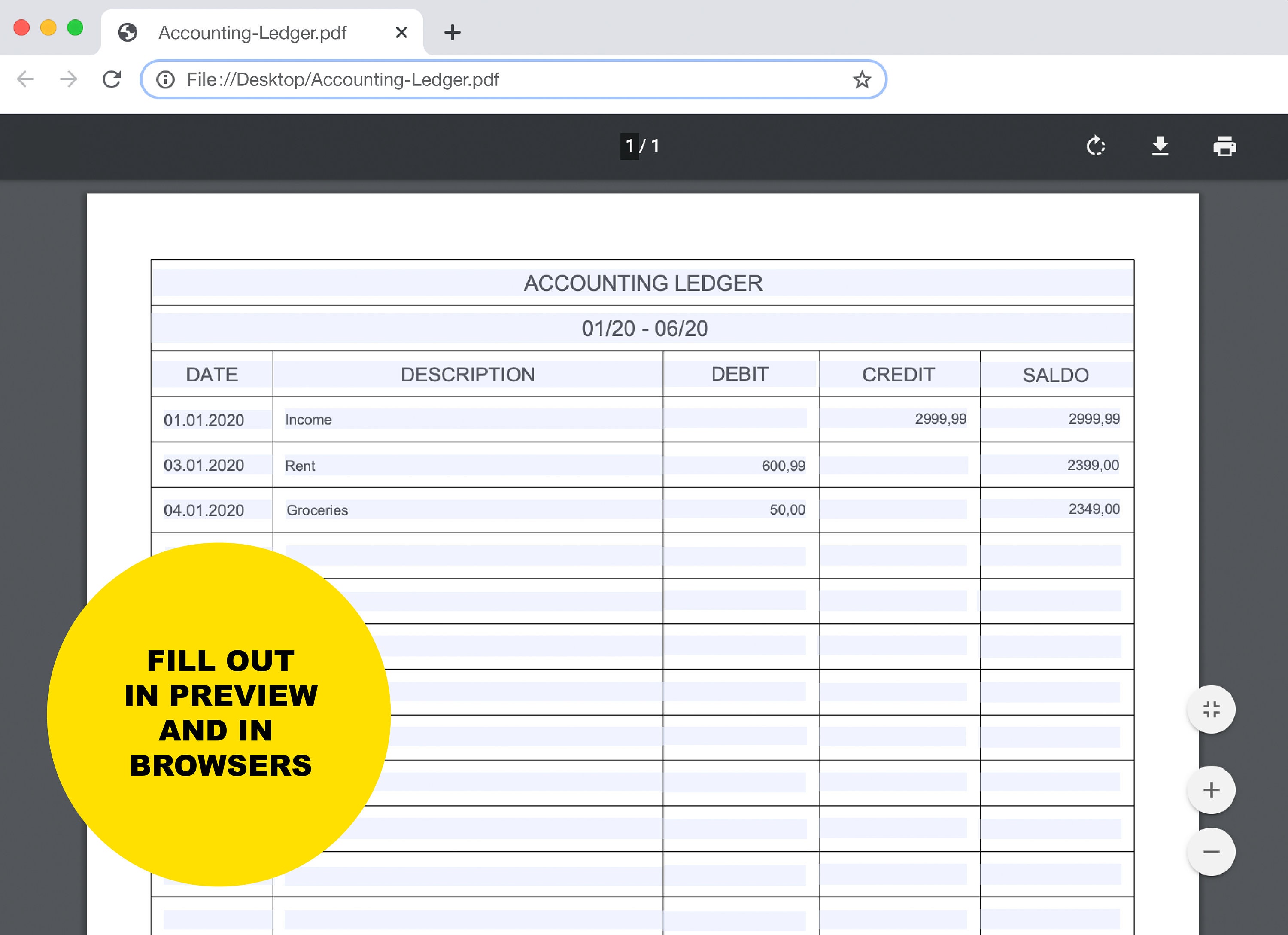 Accounting Ledger Printable Sheet | High Resolution PDF File | Fillable ...
