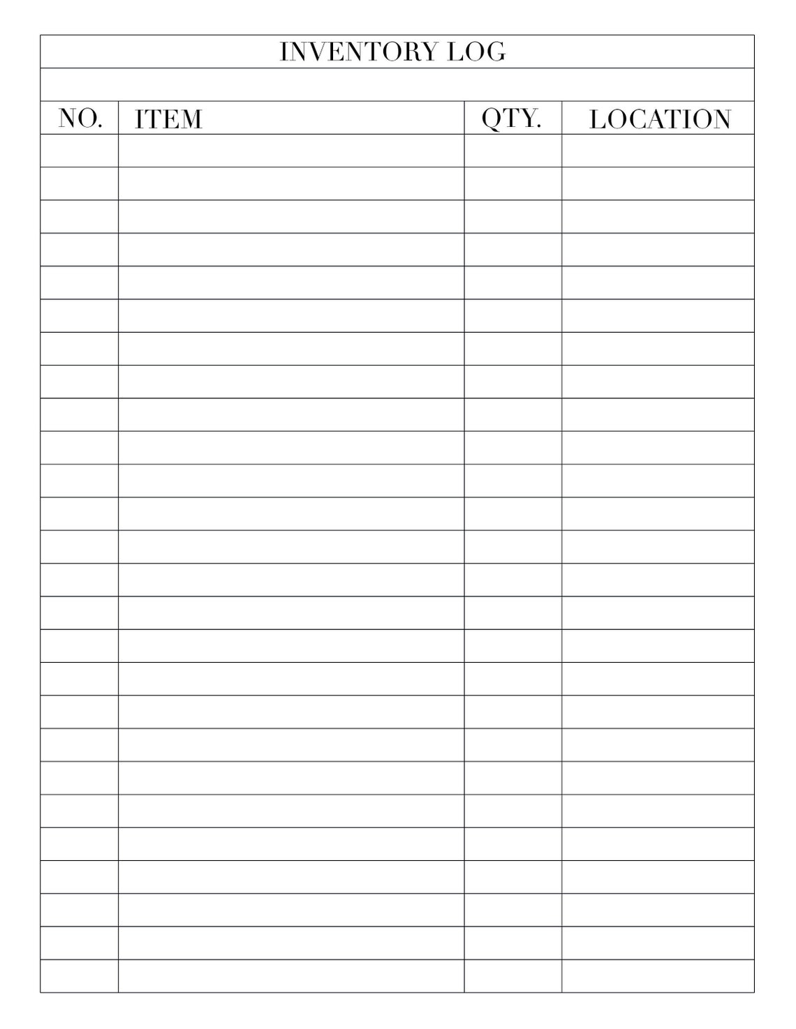 Inventory Log Printable Sheet | High Resolution JPG File 8.5" X 11 ...