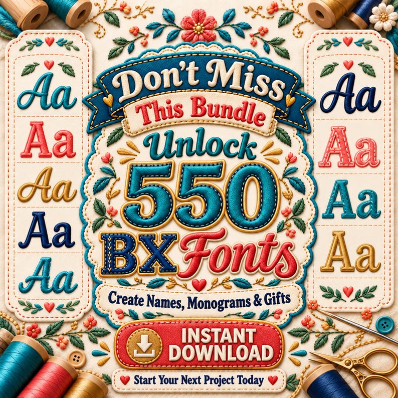 550+ BX Embroidery Fonts Bundle: Script & Monogram (digital Download ...