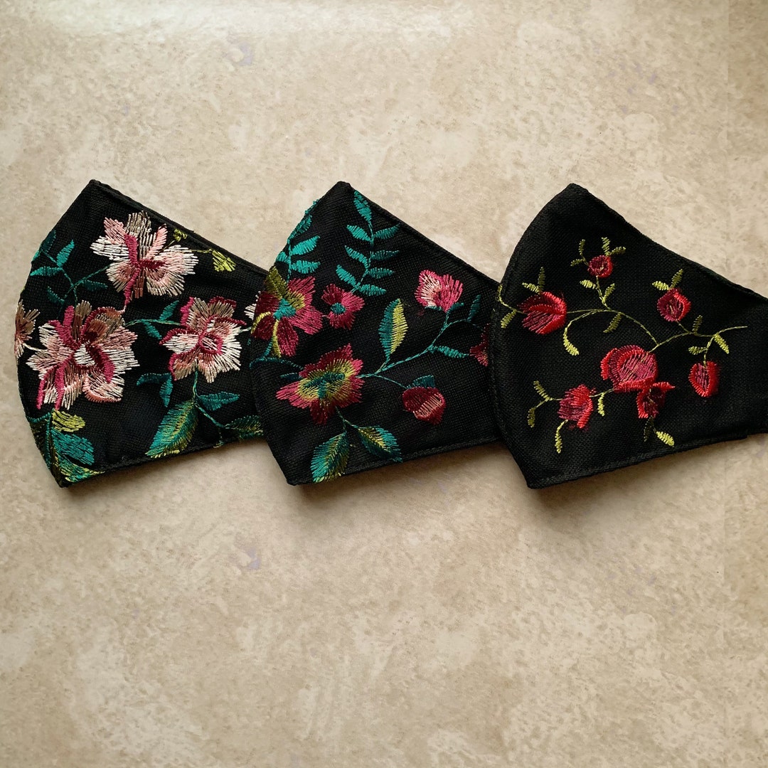 Floral Embroidery Tulle Mask black - Etsy