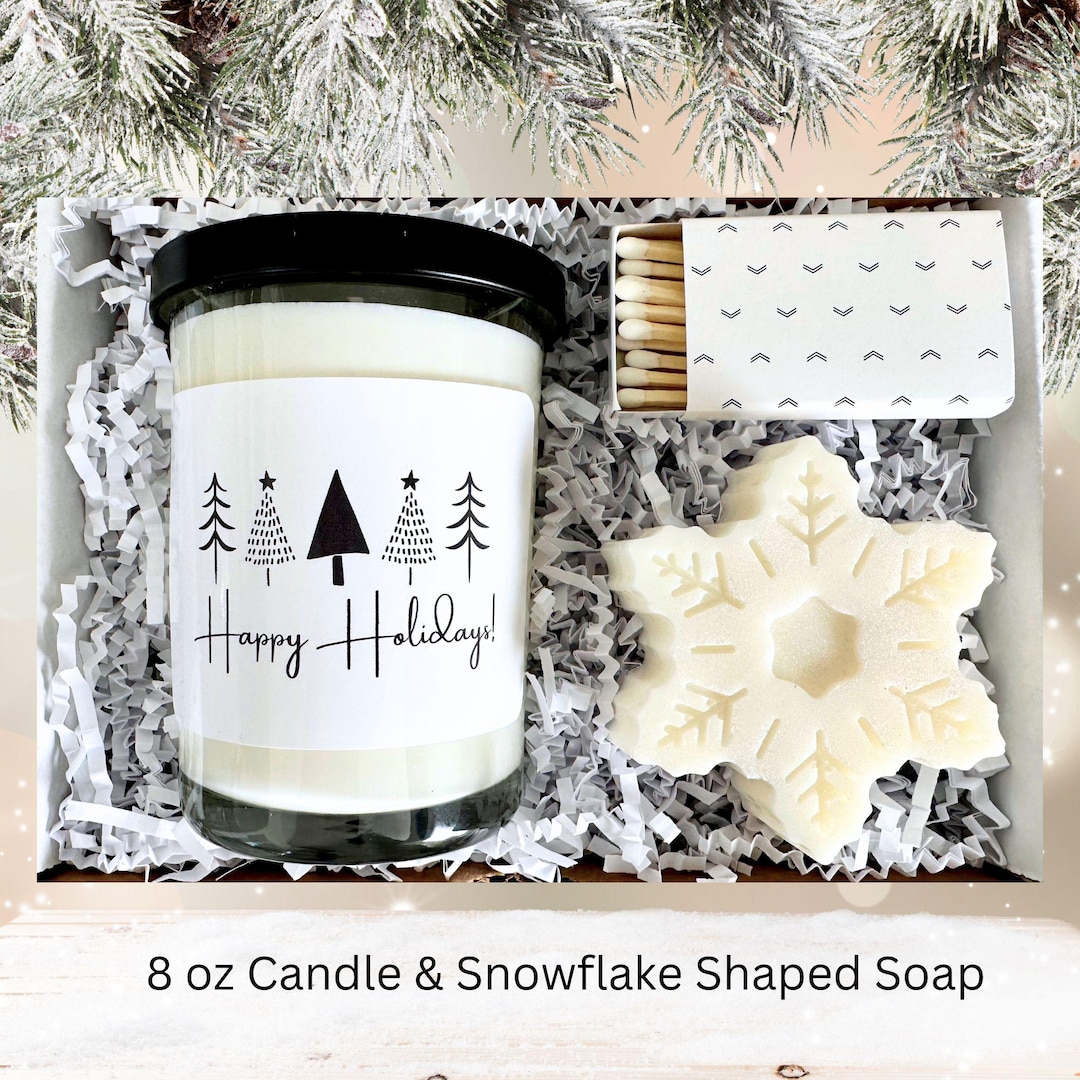 HOLIDAY GIFT Box: 8oz Candle & Snowflake Soap Set, Employee Gift ...