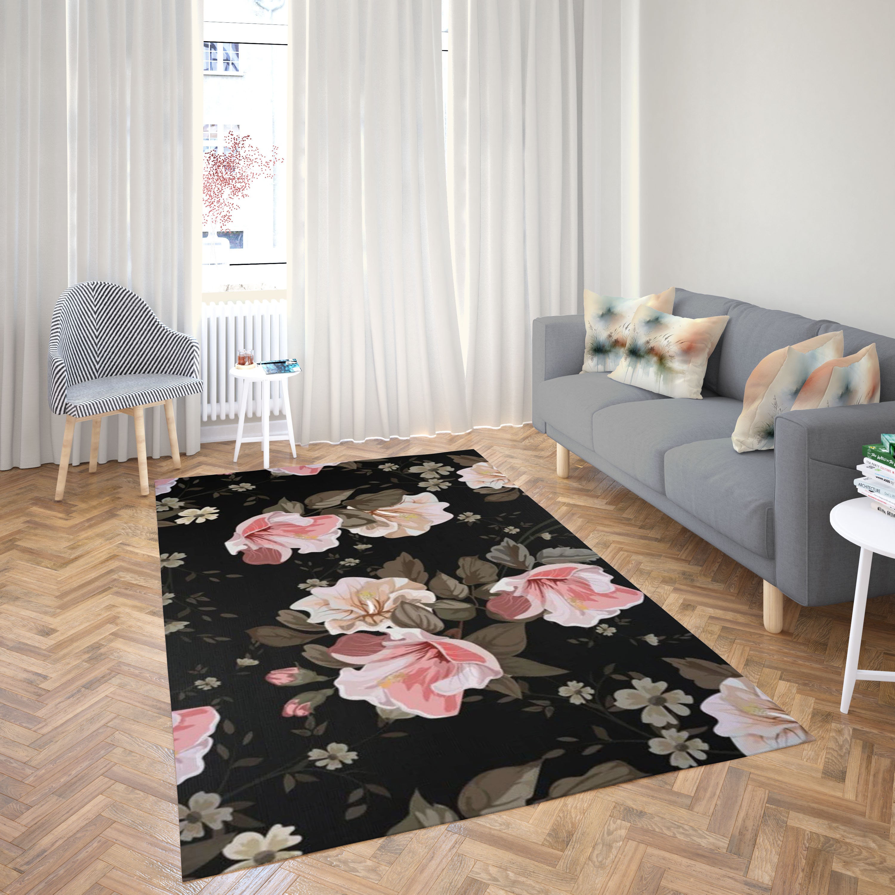 Floral Area Rug, Black and Pink Area Rug, Floral Vintage Black Living ...