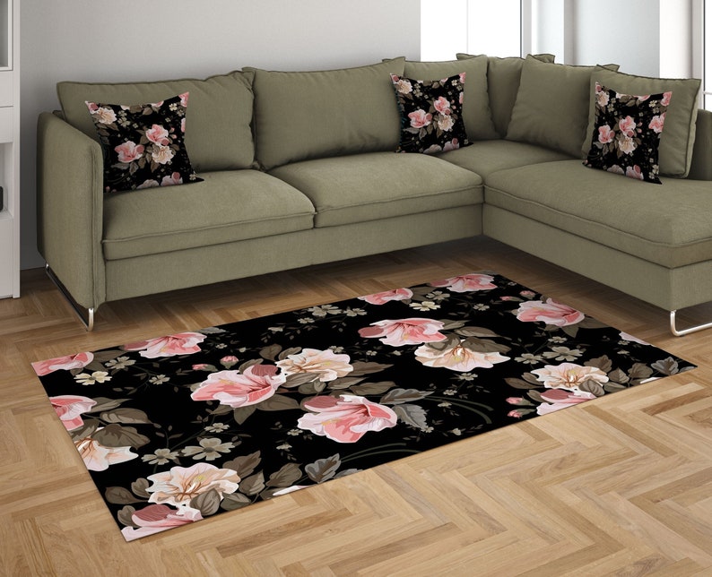 Floral Area Rug, Black and Pink Area Rug, Floral Vintage Black Living ...