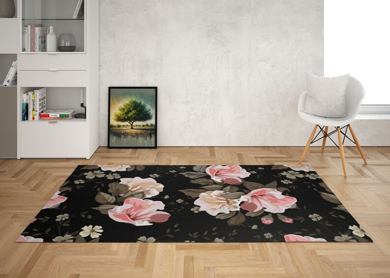 Floral Area Rug, Black and Pink Area Rug, Floral Vintage Black Living ...