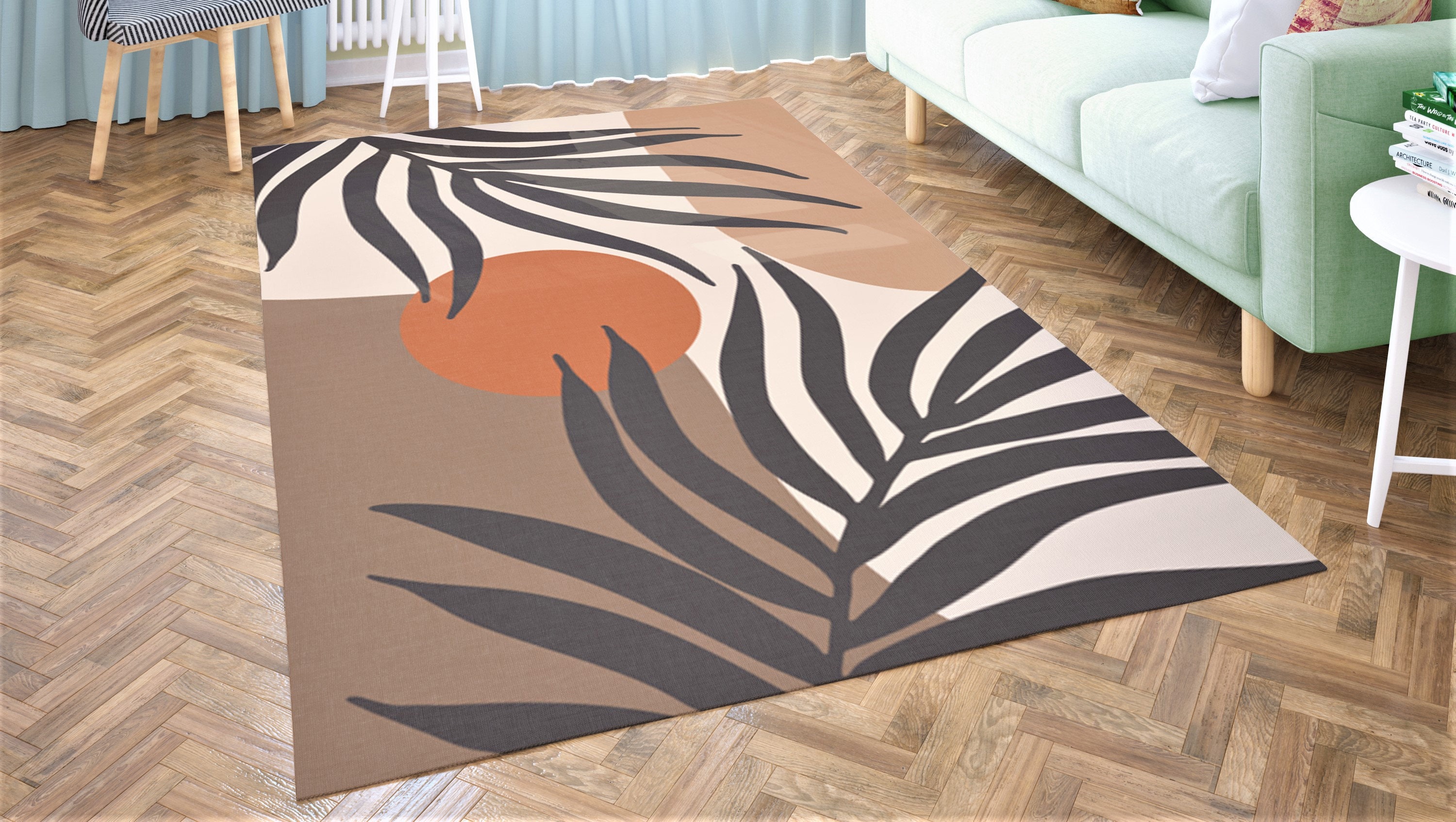 Boho Sun Area Rug, Botanical Leaf Area Rug, Boho Plant Rug, Palm Leaf ...