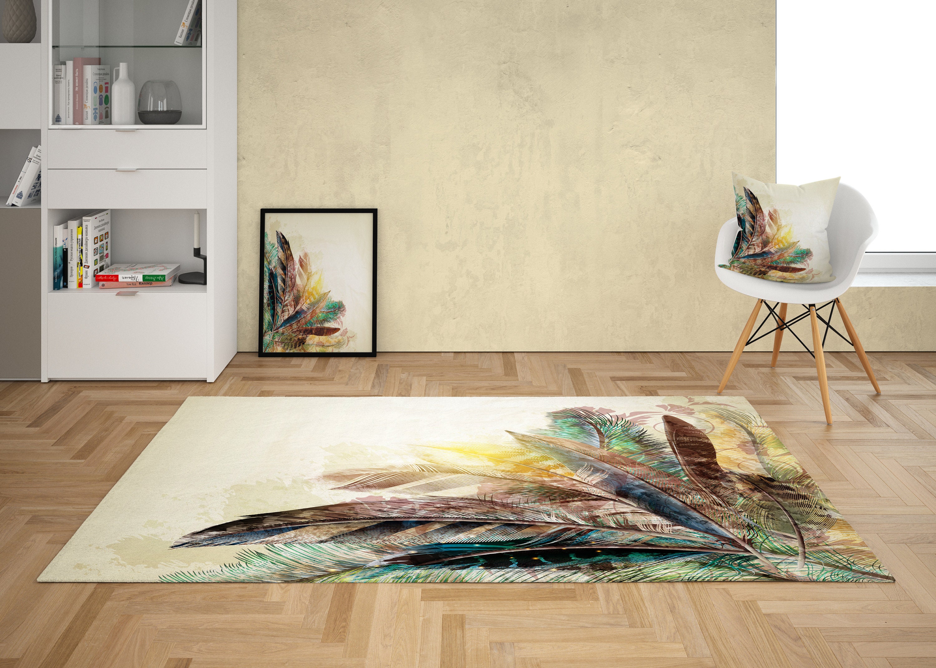 Bohemian Area Rug, Nature Inspired Abstract Feathers Vintage Style Area ...