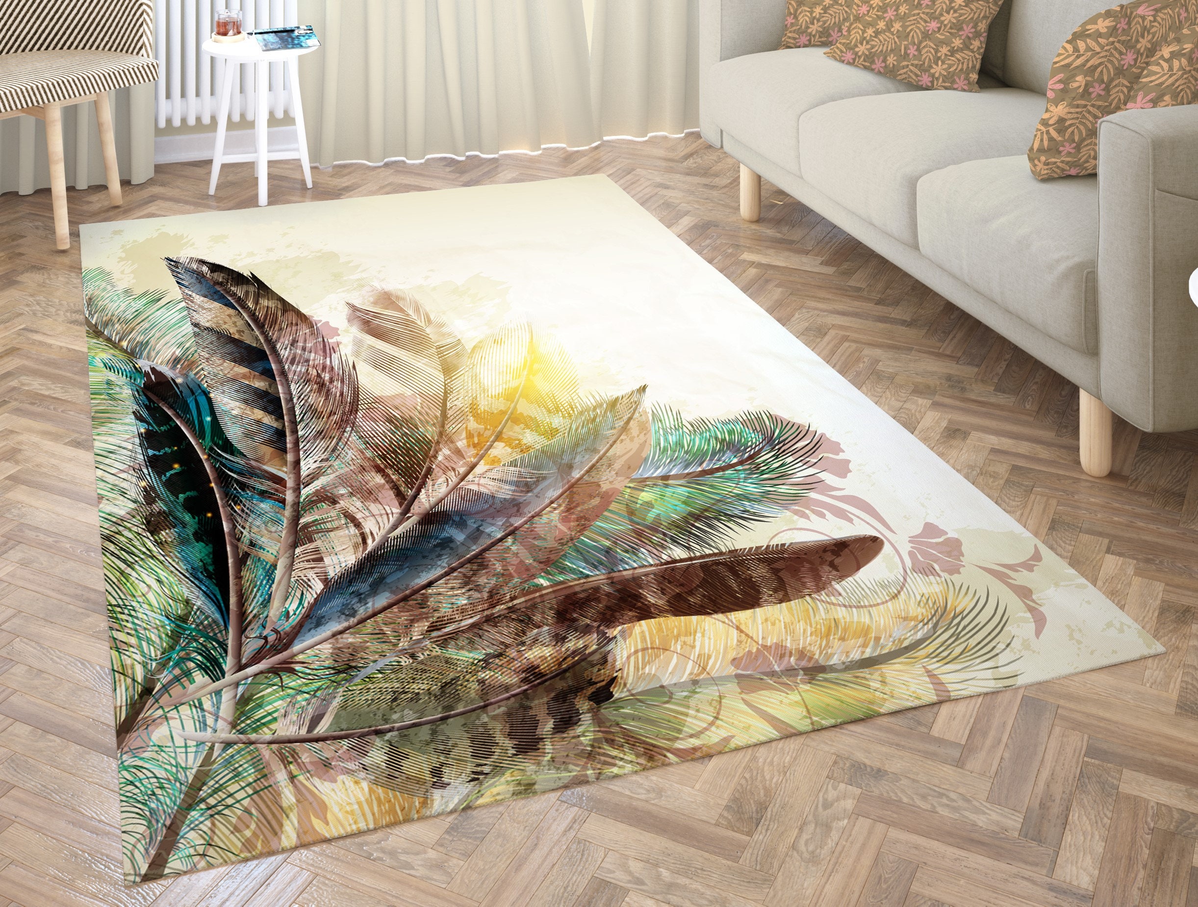 Bohemian Area Rug, Nature Inspired Abstract Feathers Vintage Style Area ...