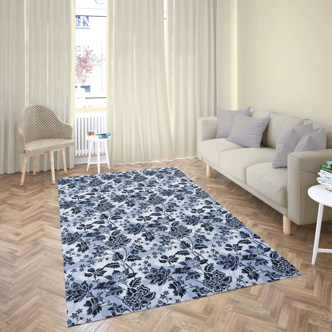 Floral Area Rug With Blue Accent, Blue Hues Decorative Living Room Rug ...