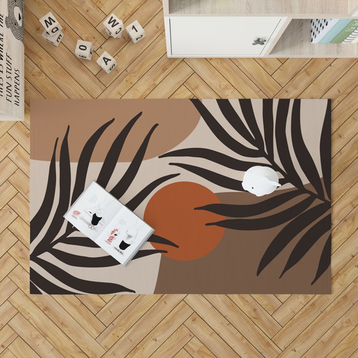 Boho Sun Area Rug, Botanical Leaf Area Rug, Boho Plant Rug, Palm Leaf ...