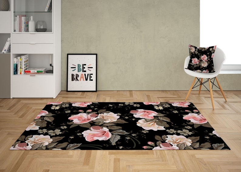 Floral Area Rug, Black and Pink Area Rug, Floral Vintage Black Living ...