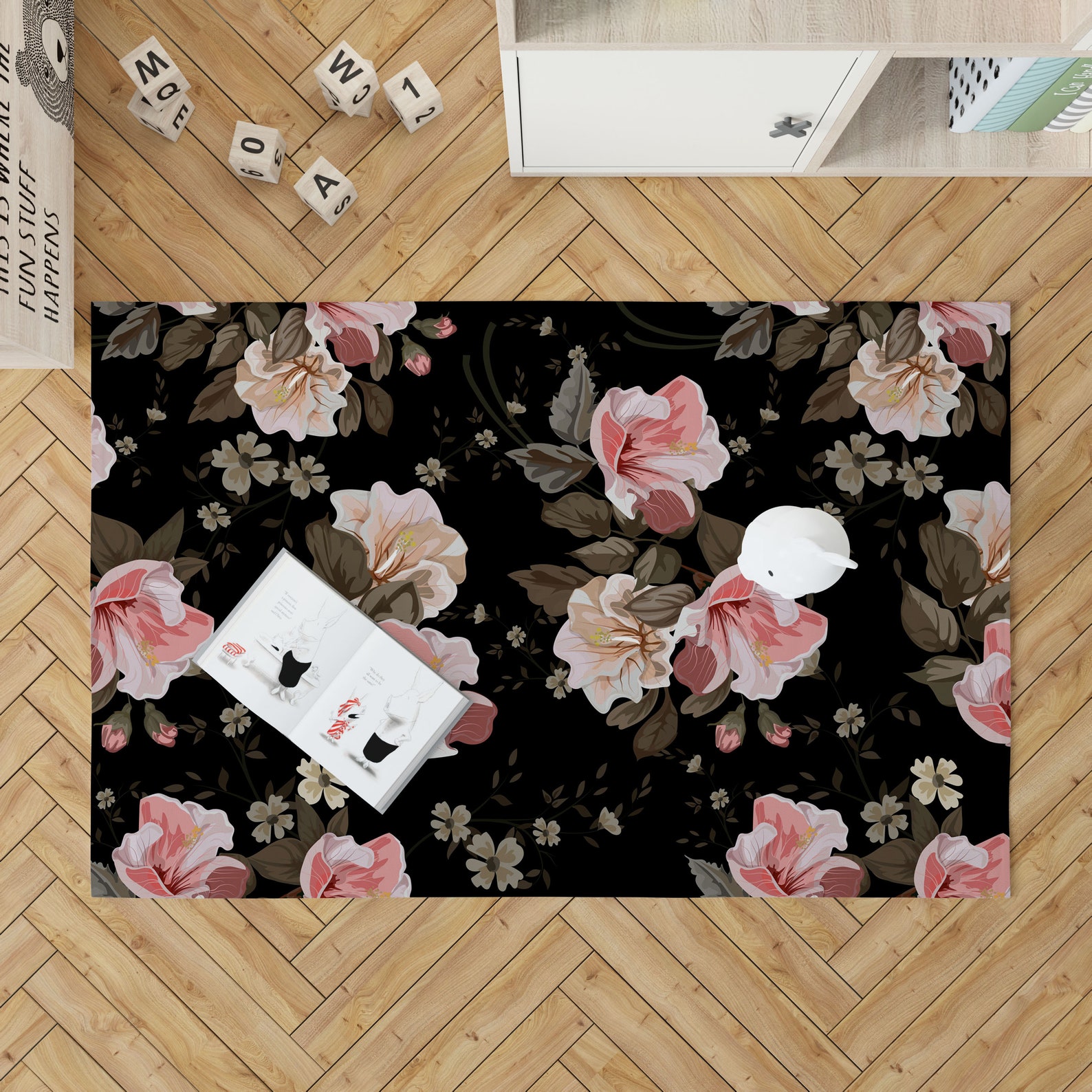Floral Area Rug, Black and Pink Area Rug, Floral Vintage Black Living ...