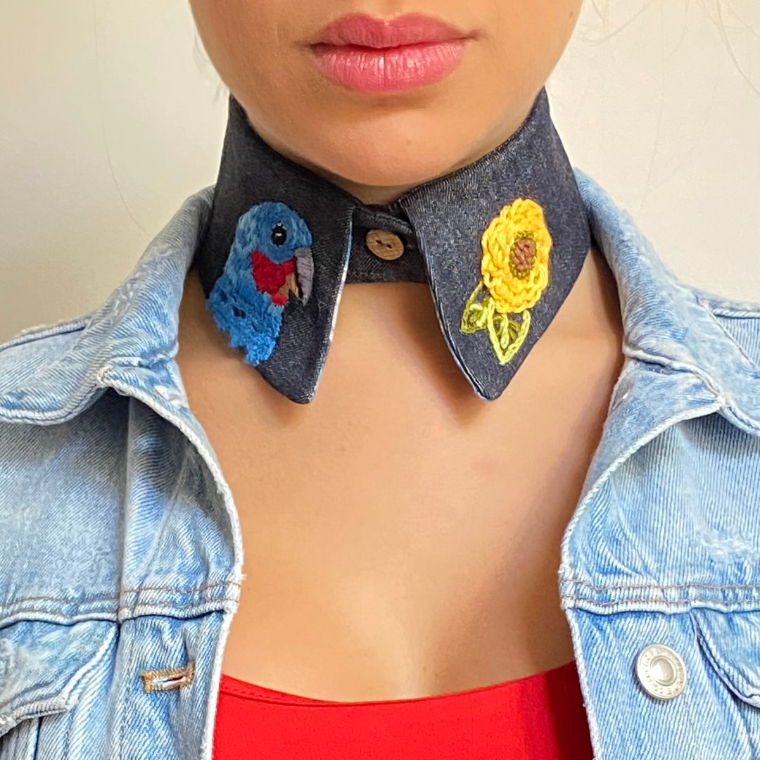 Reversible Denim Collar – Hand-embroidered Parrot and Floral Design ...