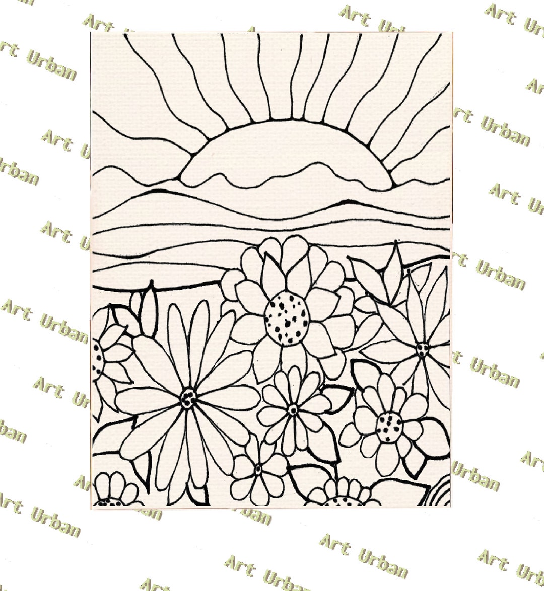 Flowery Sunset Pre Sketched Canvas, Pre Drawn Canvas for Painting, Sip ...