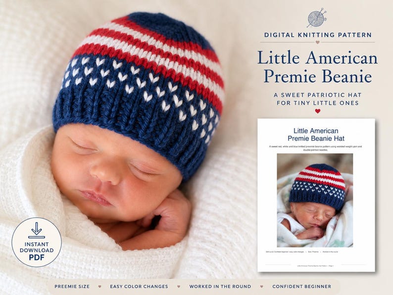 Preemie Beanie Knitting Pattern, Patriotic Red White Blue Baby Hat (PDF ...