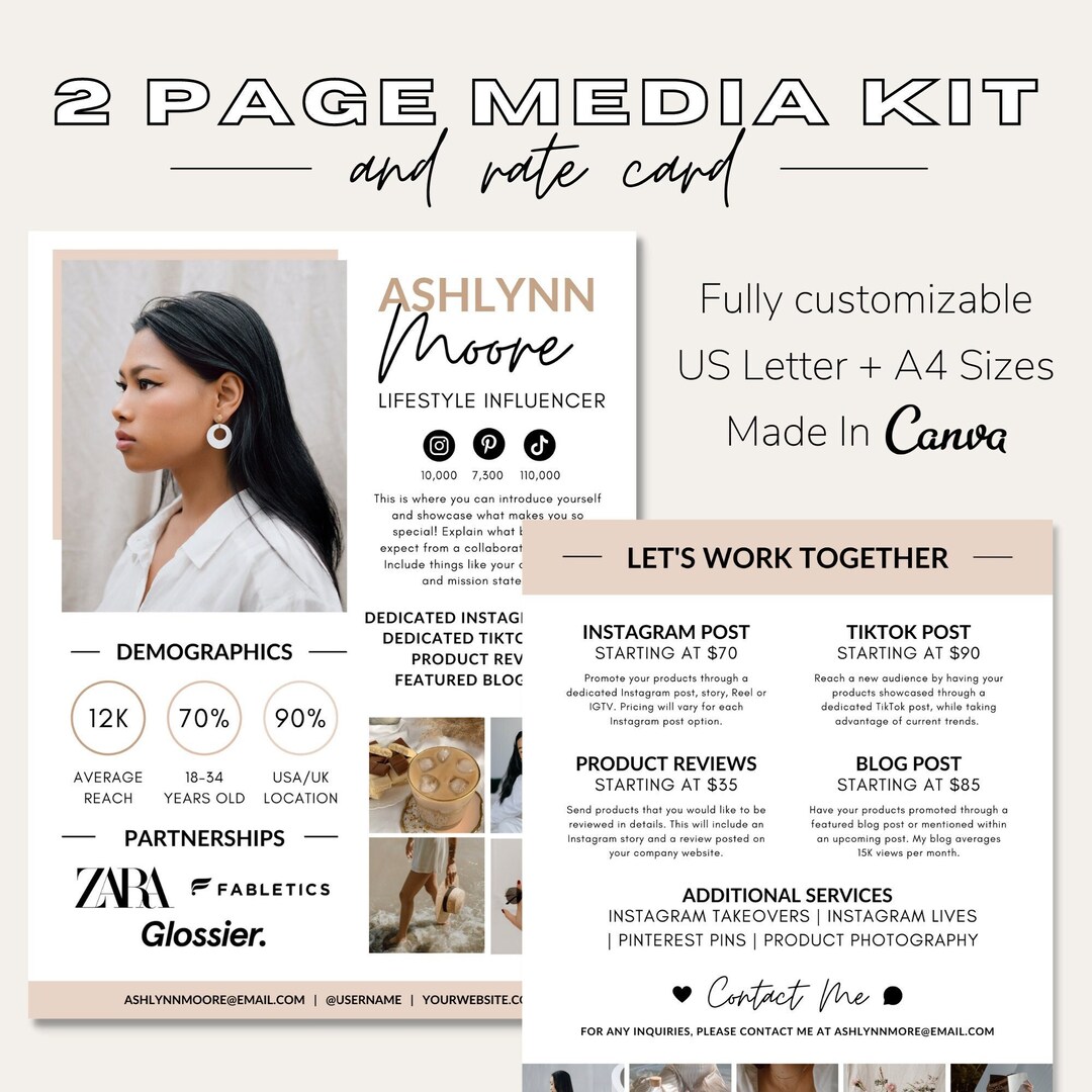 2 Page Media Kit Template UGC Media Kit Influencer Rate Card Content ...