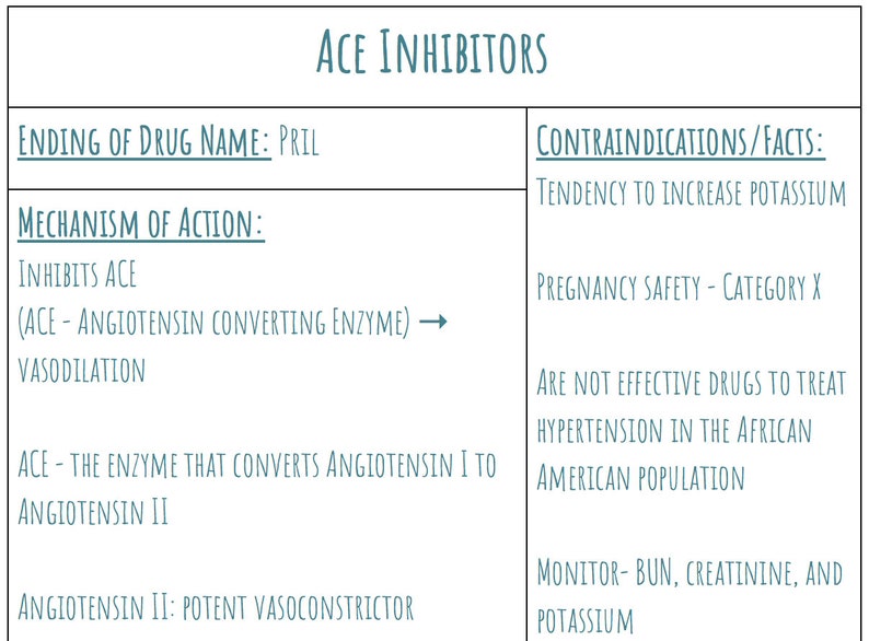 Ace Inhibitor Pharm Notes - Etsy