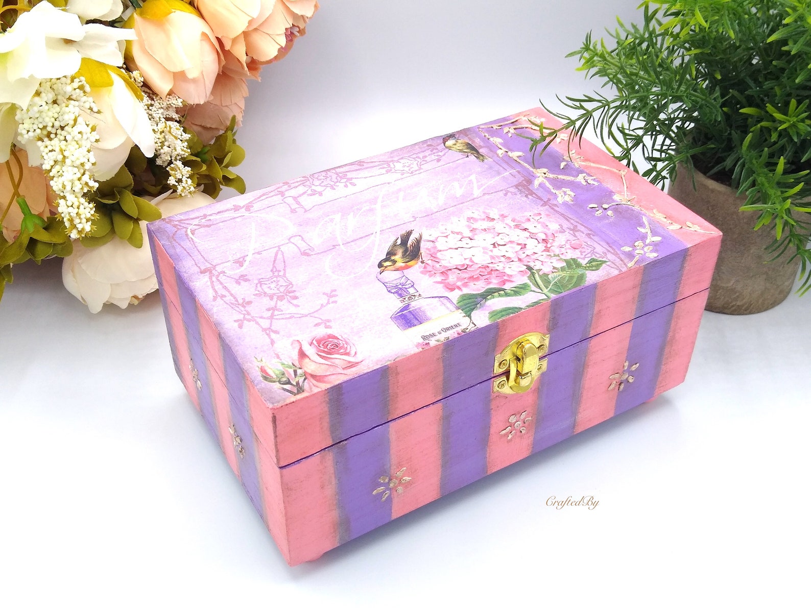 Pink and Purple Parfum Decorative Box | Decorative Decoupage Keepsake ...