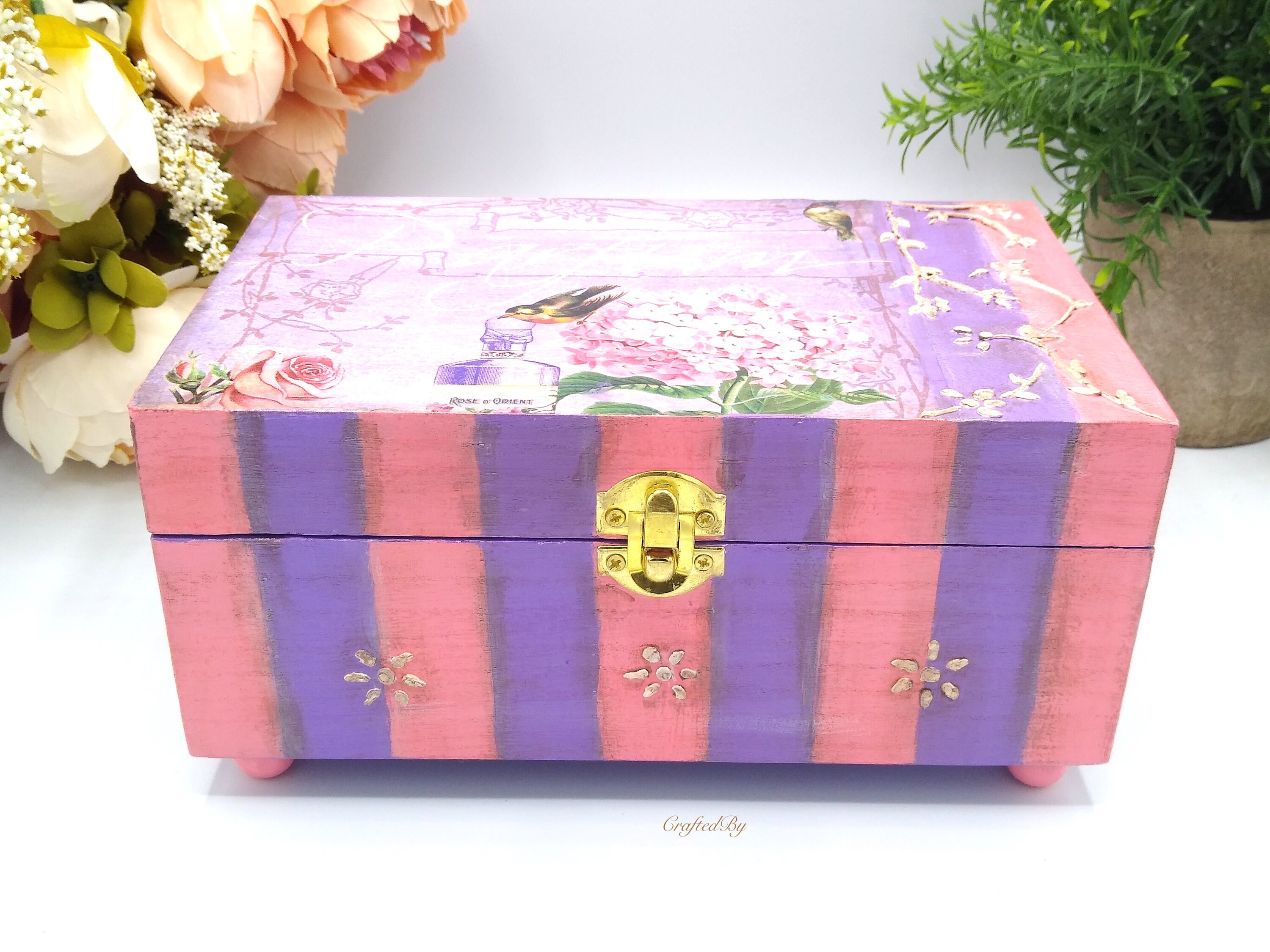 Pink and Purple Parfum Decorative Box | Decorative Decoupage Keepsake ...