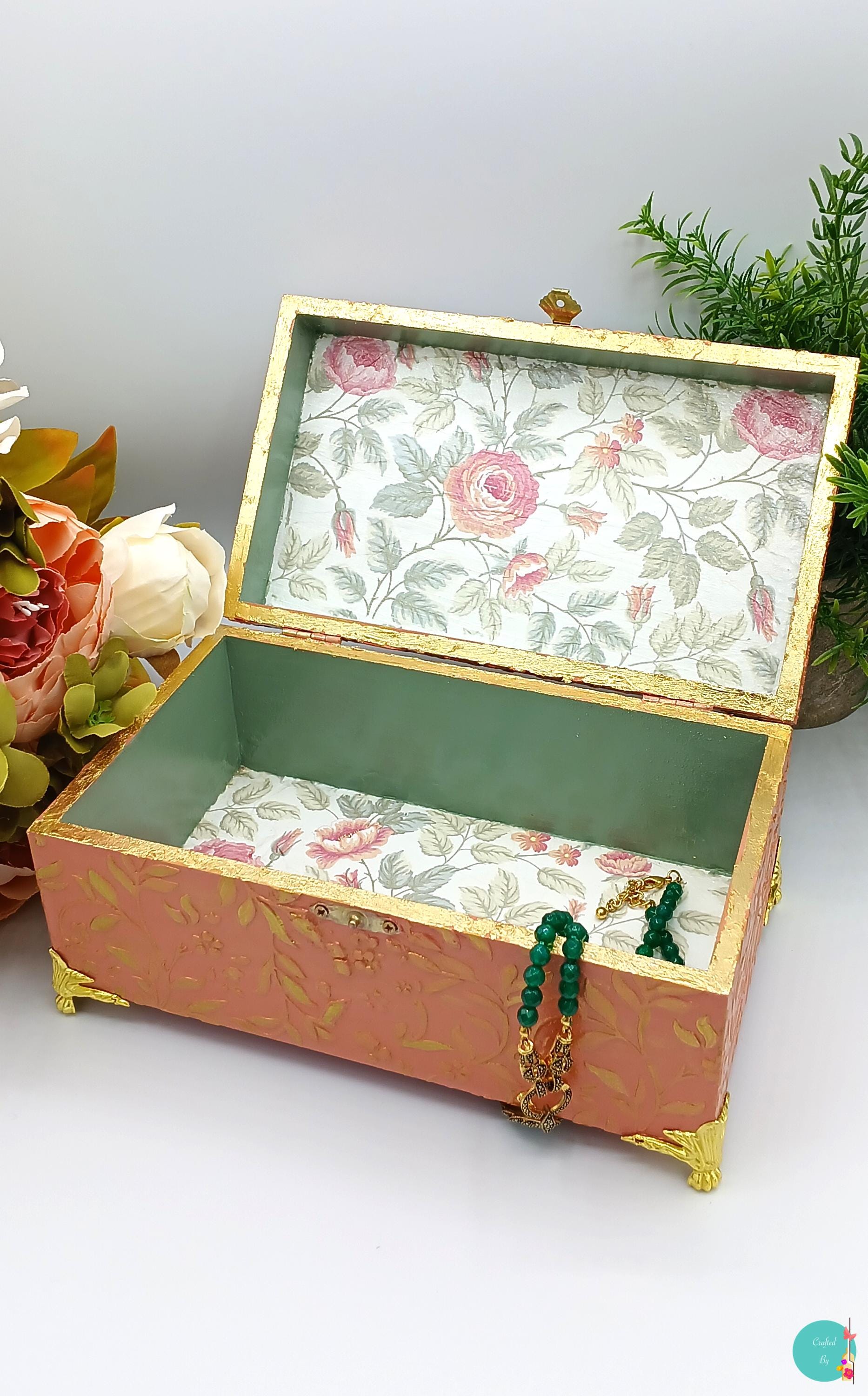Peach & Gold Stenciled Decoupage Jewelry Box | Decorative Wooden Box ...