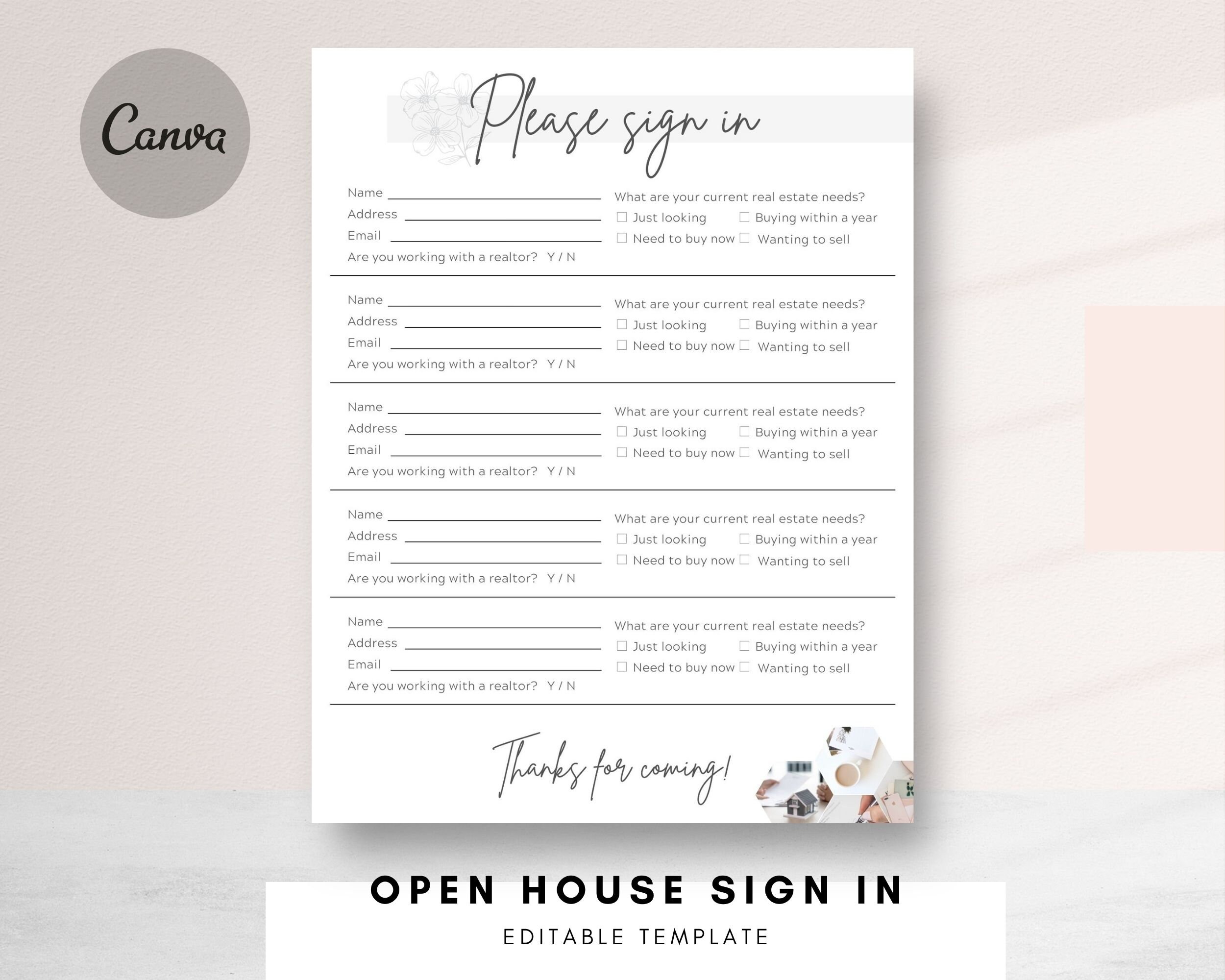 Open House Sign in Form, Real Estate Form, Editable Canva Template ...