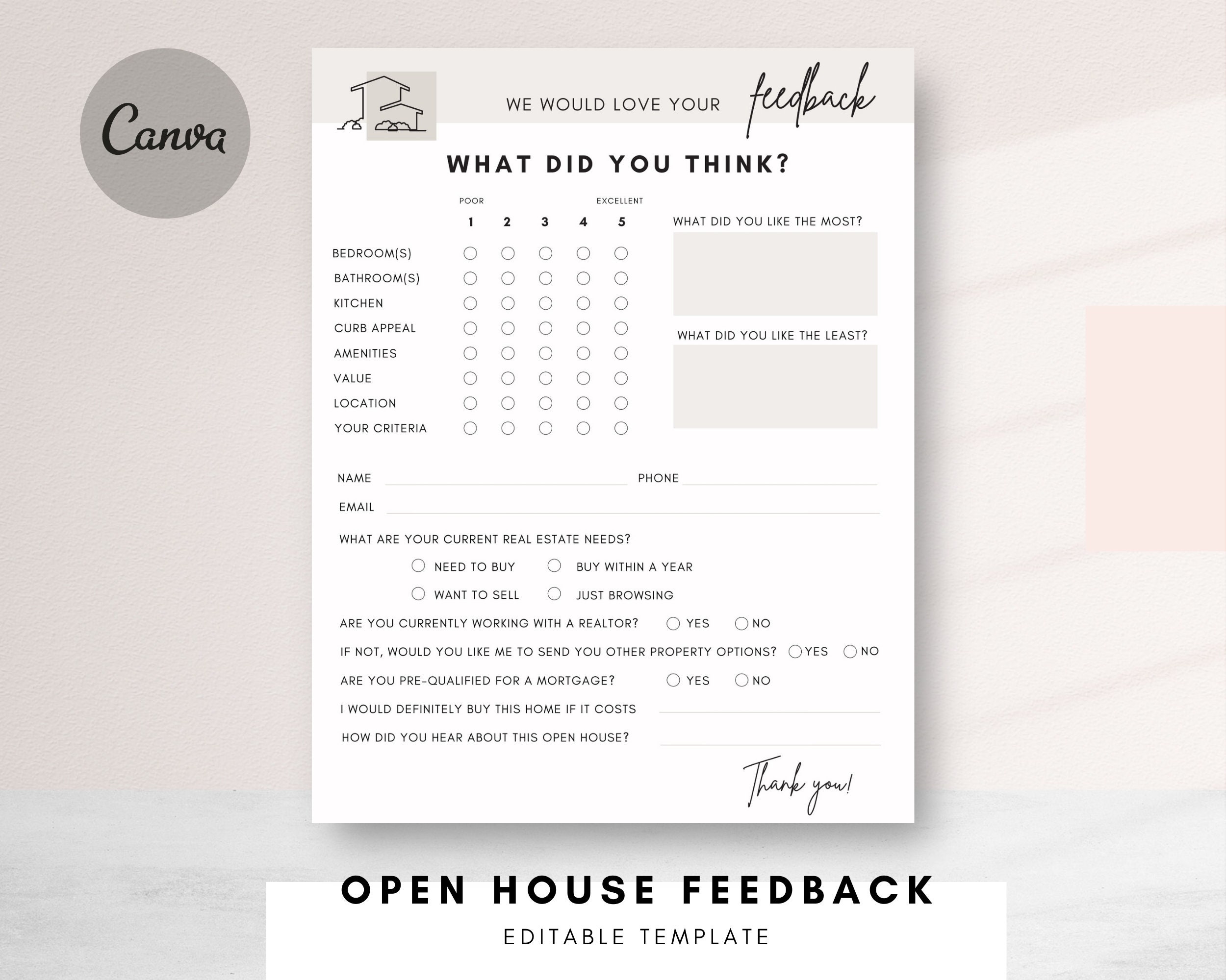 Open House Feedback Form, Editable Canva Template, Open House Printable ...