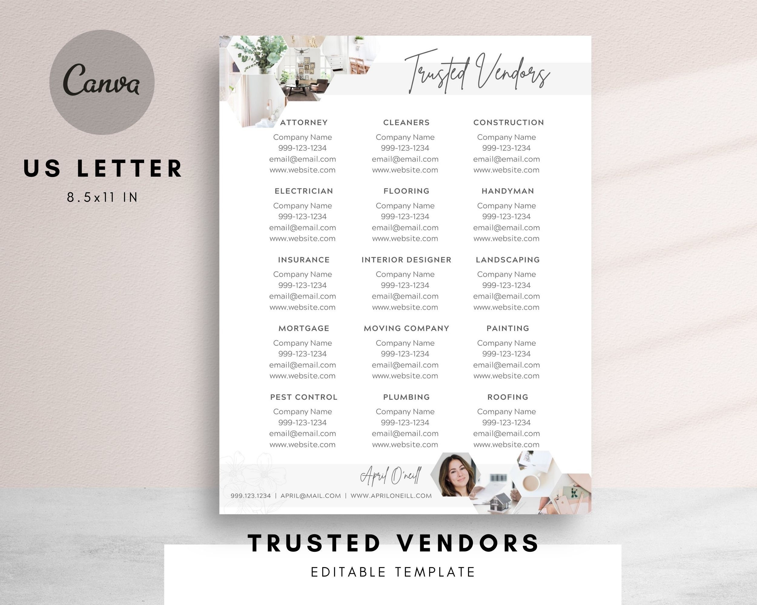 Trusted Vendor List, Vendor List Template, Real Estate Marketing ...