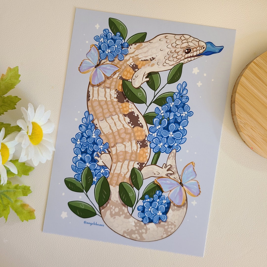 Blue Tongue Skink With Blue Flowers and Butterflies 5×7 Art Print ...