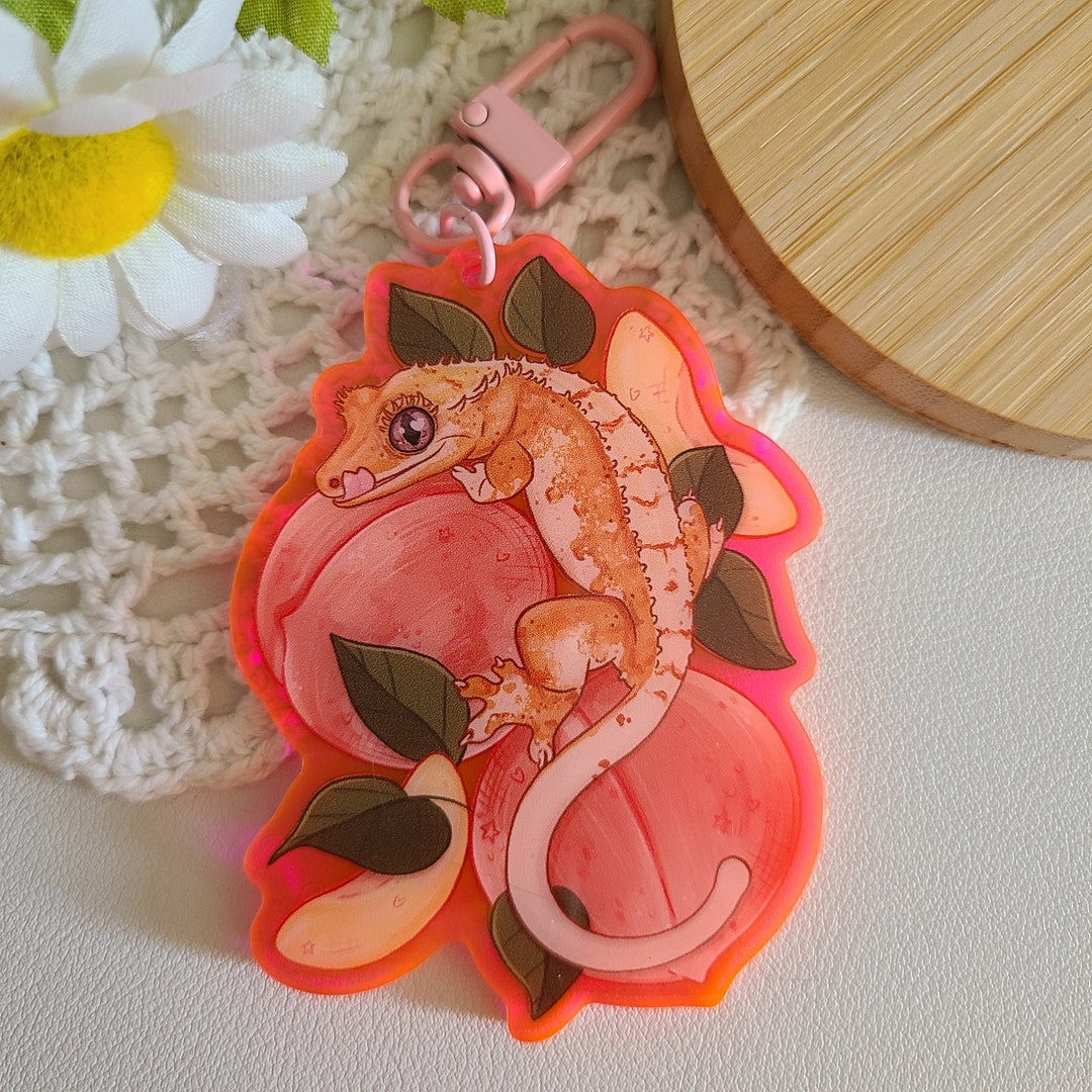 Crested Gecko With Peaches Acrylic Key Charm 3" | Keychain | Pink Key ...