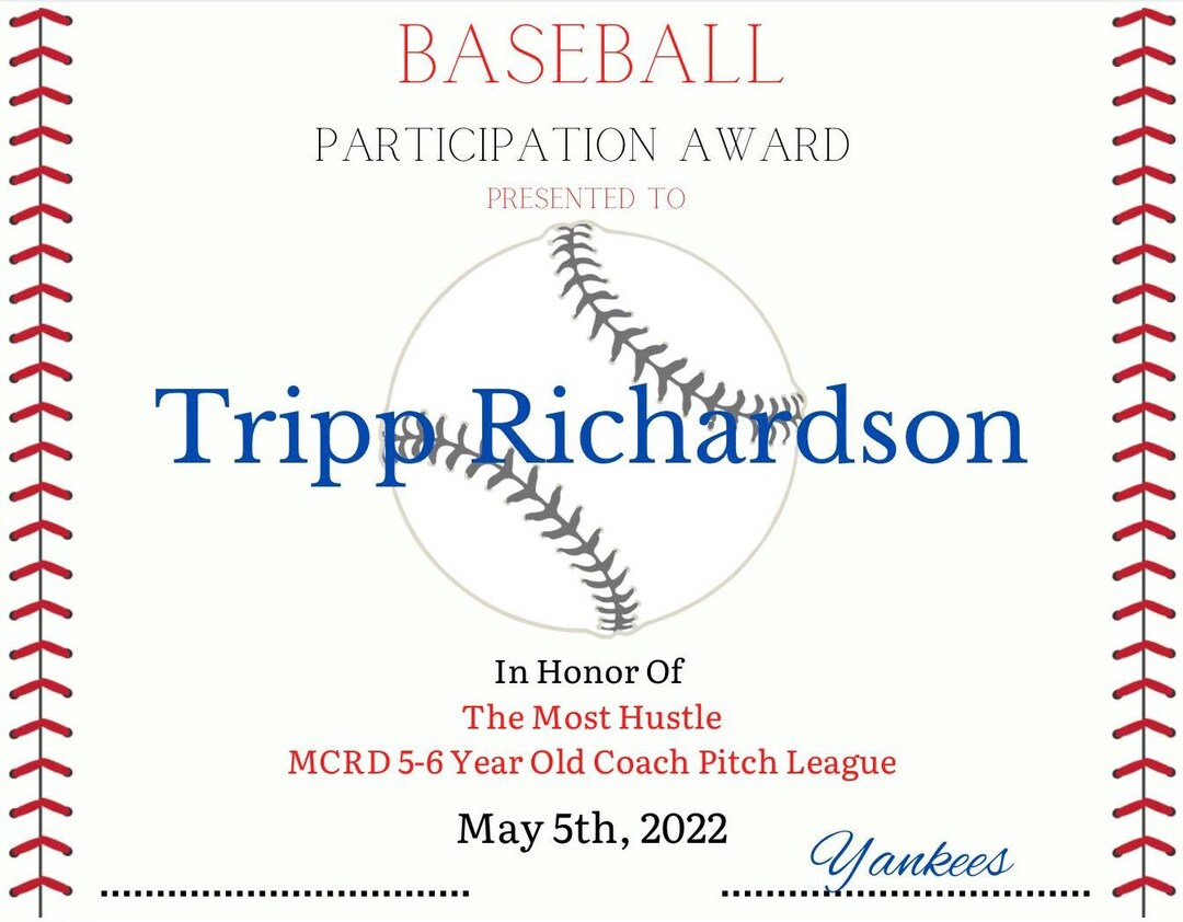 Baseball End of Year Awards Certificate - Etsy