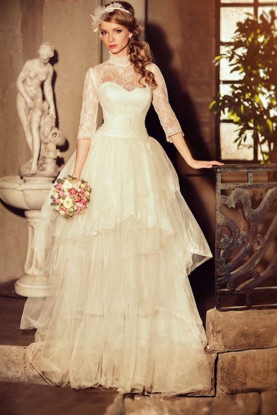 Ivory Wedding Dress Bridal Gown Sample sale Lace Sleeves | Etsy