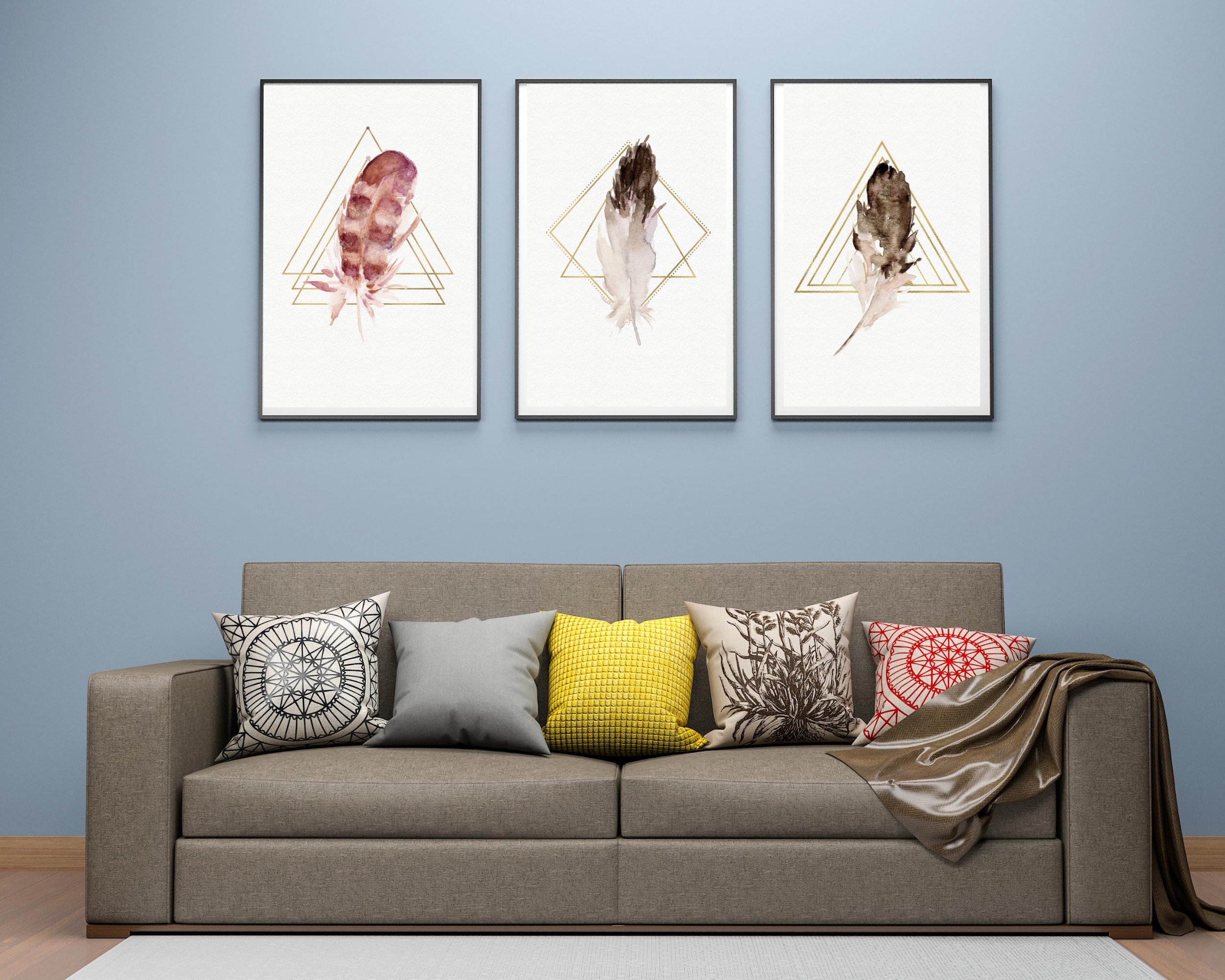 Boho Feather Art Print Geometric Symbols Triangle - Etsy