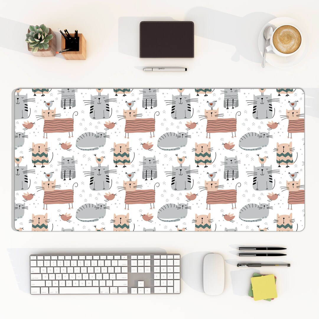 Cute Kawaii Cat Large Mousepad, Pet Animal Gray Brown Bird Cartoon Desk ...