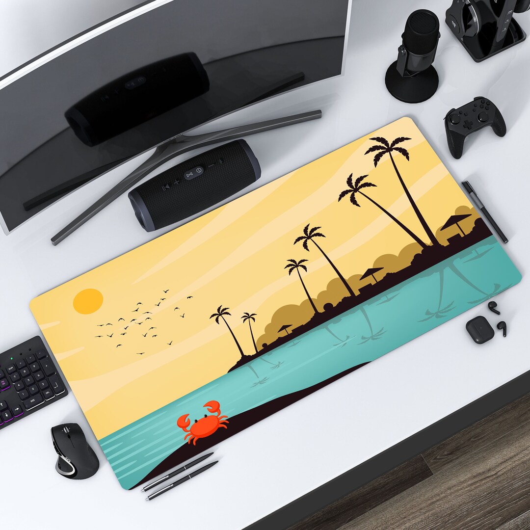 Red Crab by the Beach Large Mousepad, Blue Sea Palm Coconut Tree ...