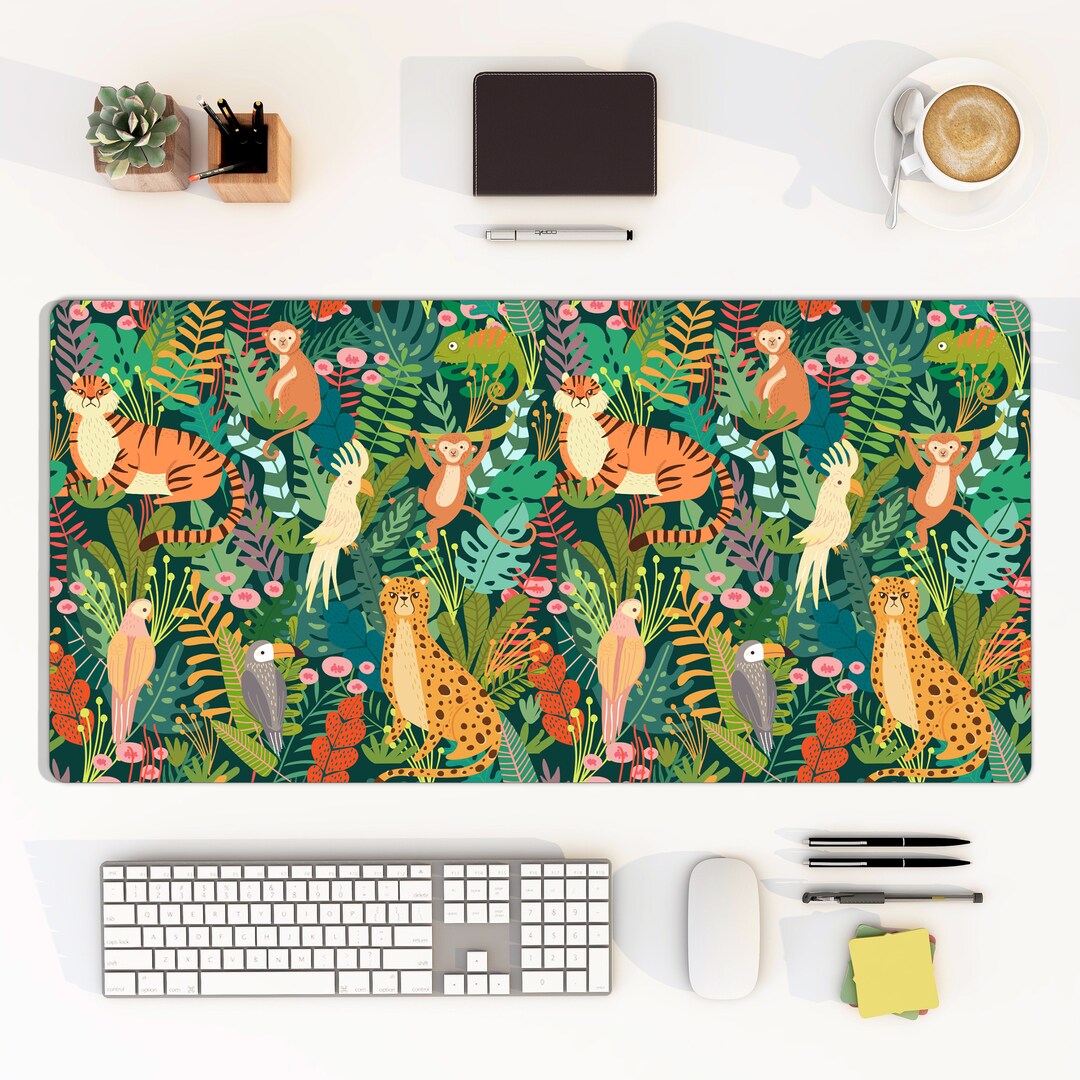 Wildlife in the Forest Large Mouse Pad, Tiger Monkey Bird Parrot ...