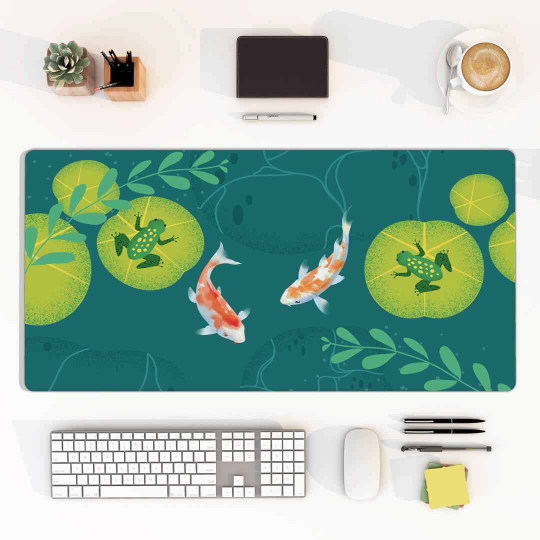 Koi Fish & Frog Large Mousepad, Blue Pond Green Leaves Orange Fish Desk ...