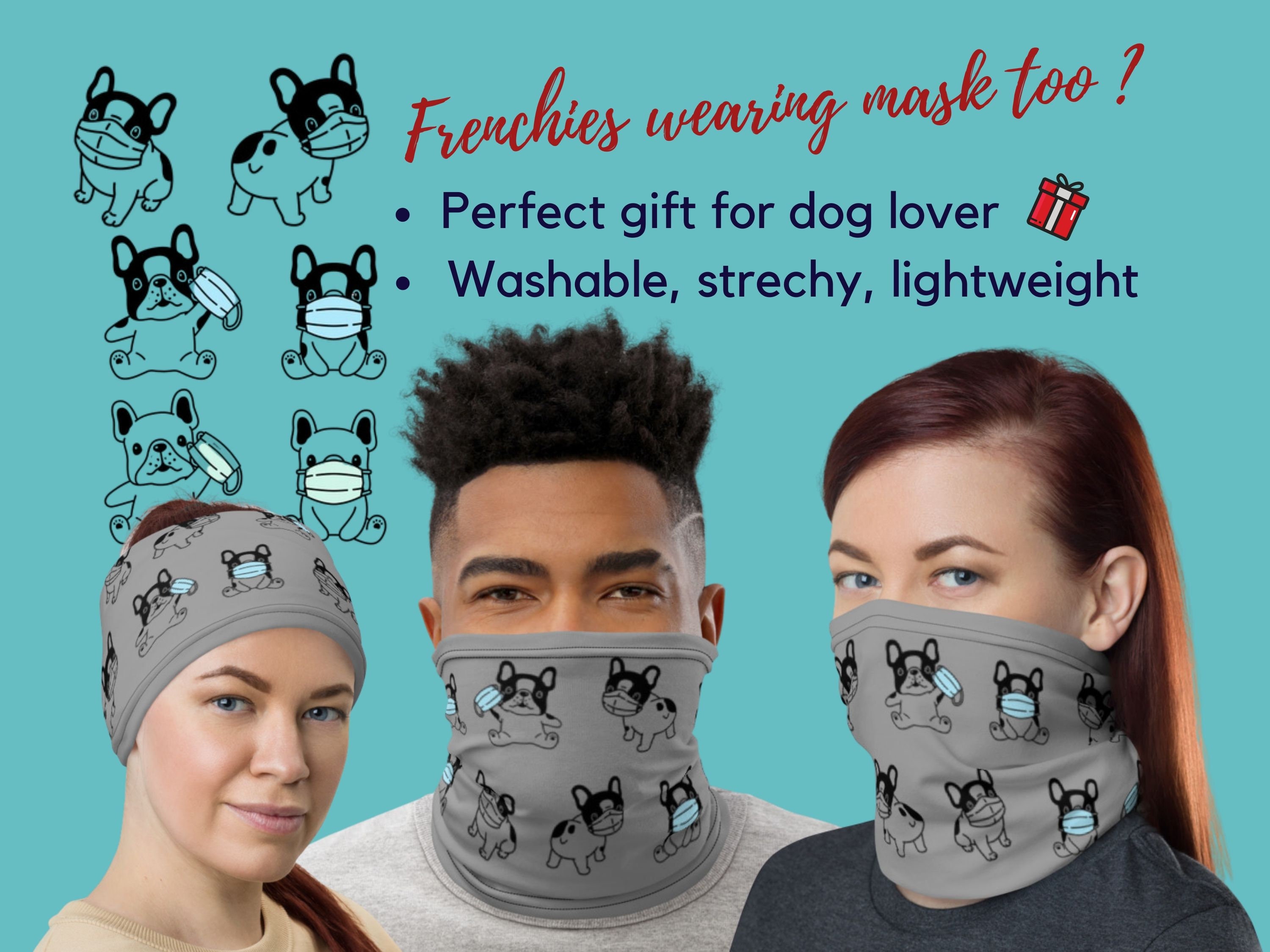 Frenchie French Bulldog Face Mask, Neck Gaiter, Washable Reusable ...