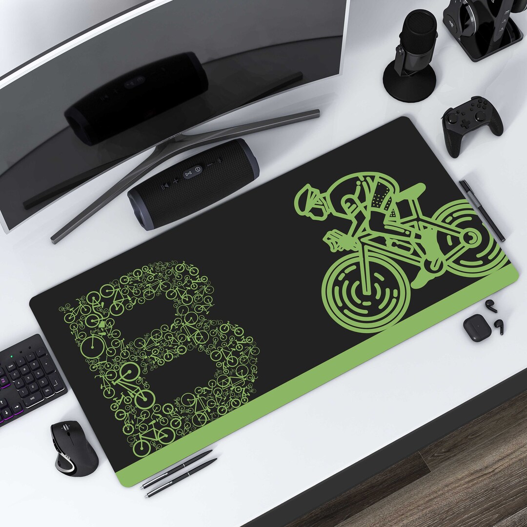 Bike Monogram CUSTOM Large Mouse Pad, Cyclist Race Green Blue Desk Mat ...