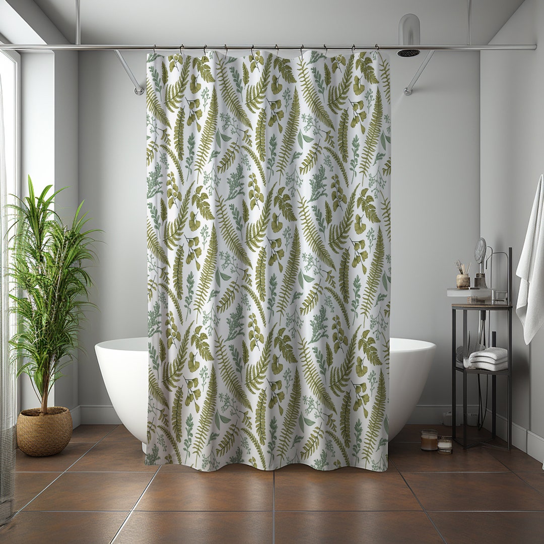 Green Fern Leaves Shower Curtain, Botanical Tropical Forest Cottagecore ...