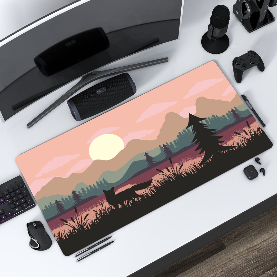 Fox in the Moonlight Large Mouse Pad, Forest Night Pink Purple Desk Mat ...