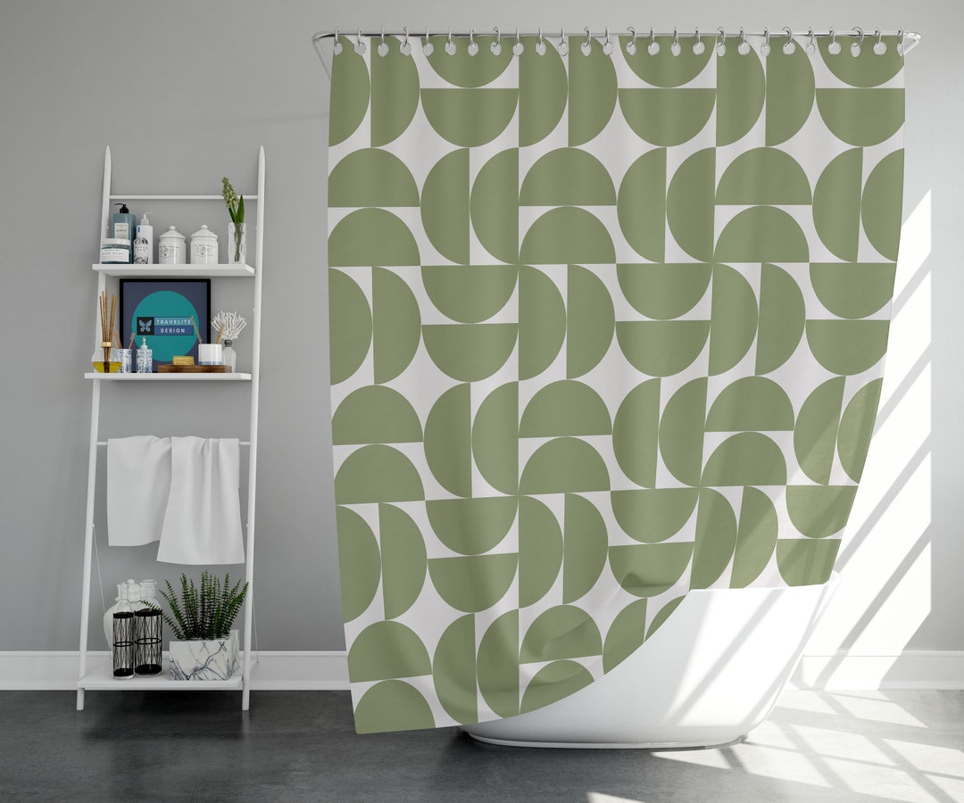 Half-moon Retro Shower Curtain, Blue Green Mid-century 70s Style ...