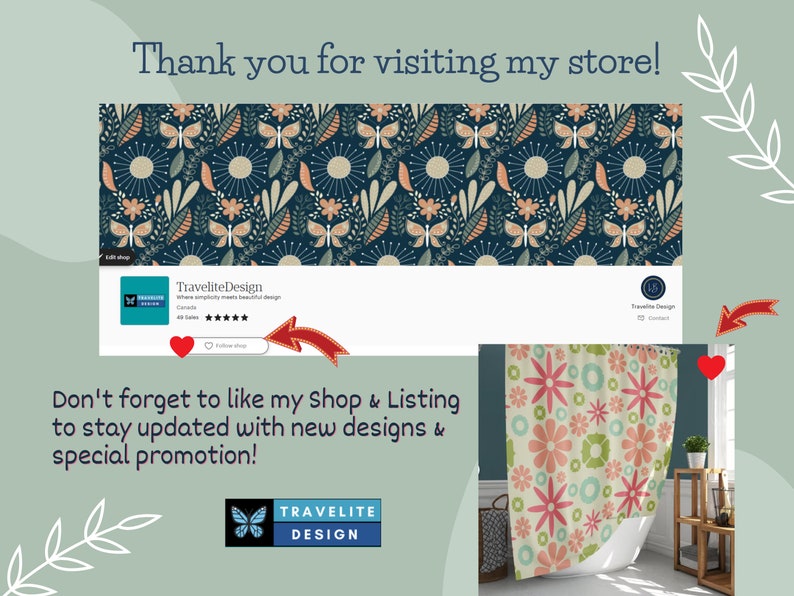 Blue Floral Shower Curtain, Flower Green Leaves Mid-century Vintage ...